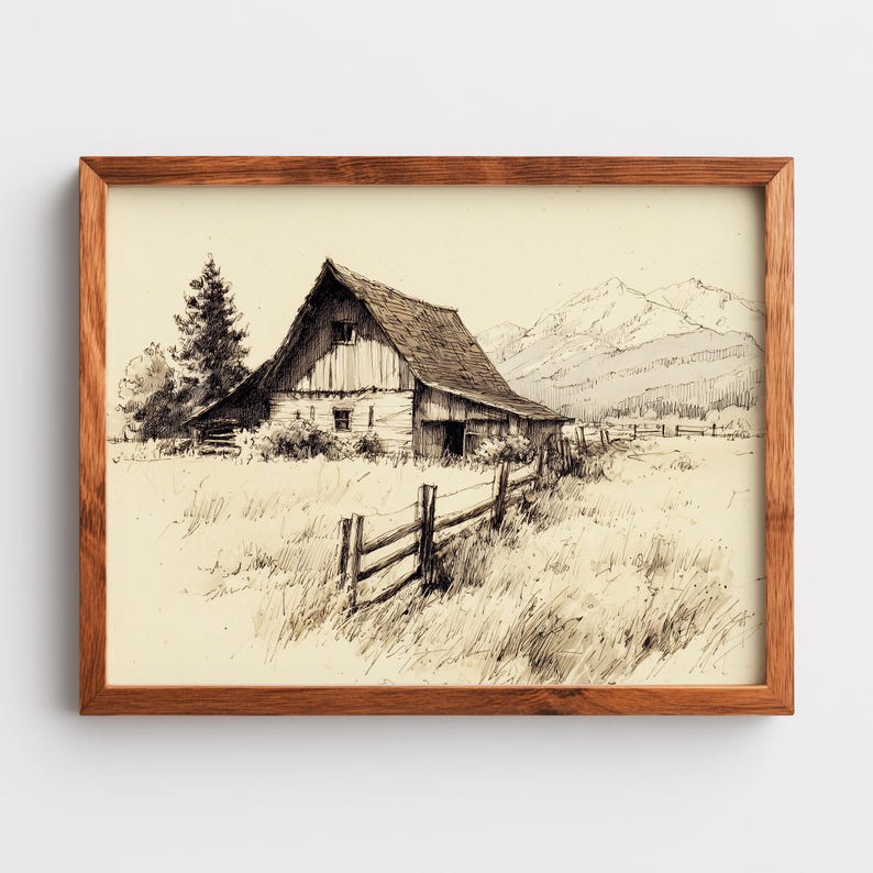 Vintage Barn Sketch Print – Rustic Farmhouse Landscape, Sepia Pen-and ...