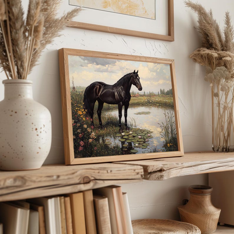 Rustic Dark Horse at Water's Edge - Classic Pastoral Landscape Art ...