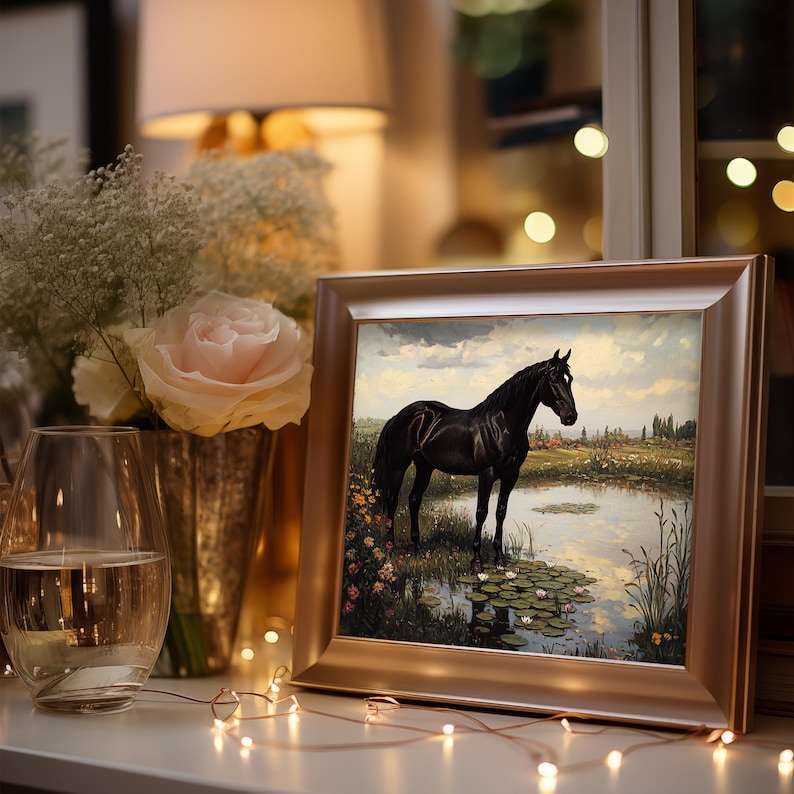 Rustic Dark Horse at Water's Edge - Classic Pastoral Landscape Art ...