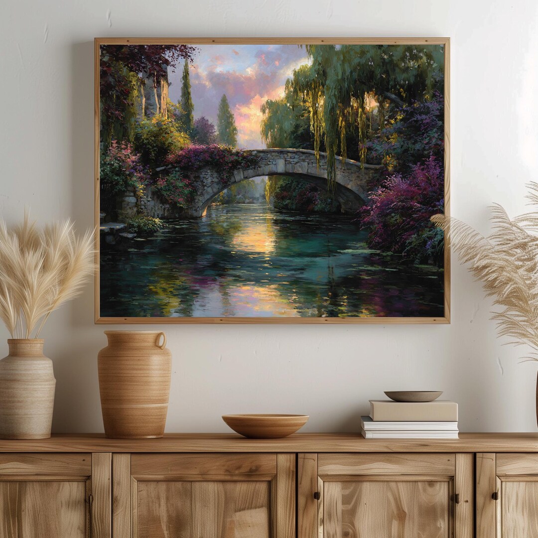 Stone Arch Bridge Painting - Vintage River Scene, Cottagecore Wall Art ...