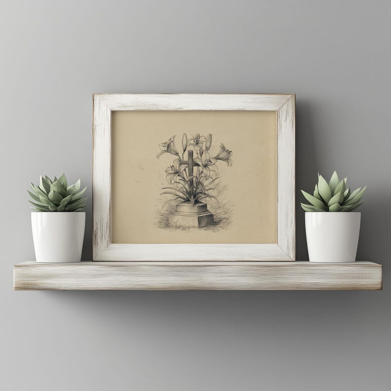 Lily and Cross Pencil Sketch – Rustic Memorial Wall Art (digital ...