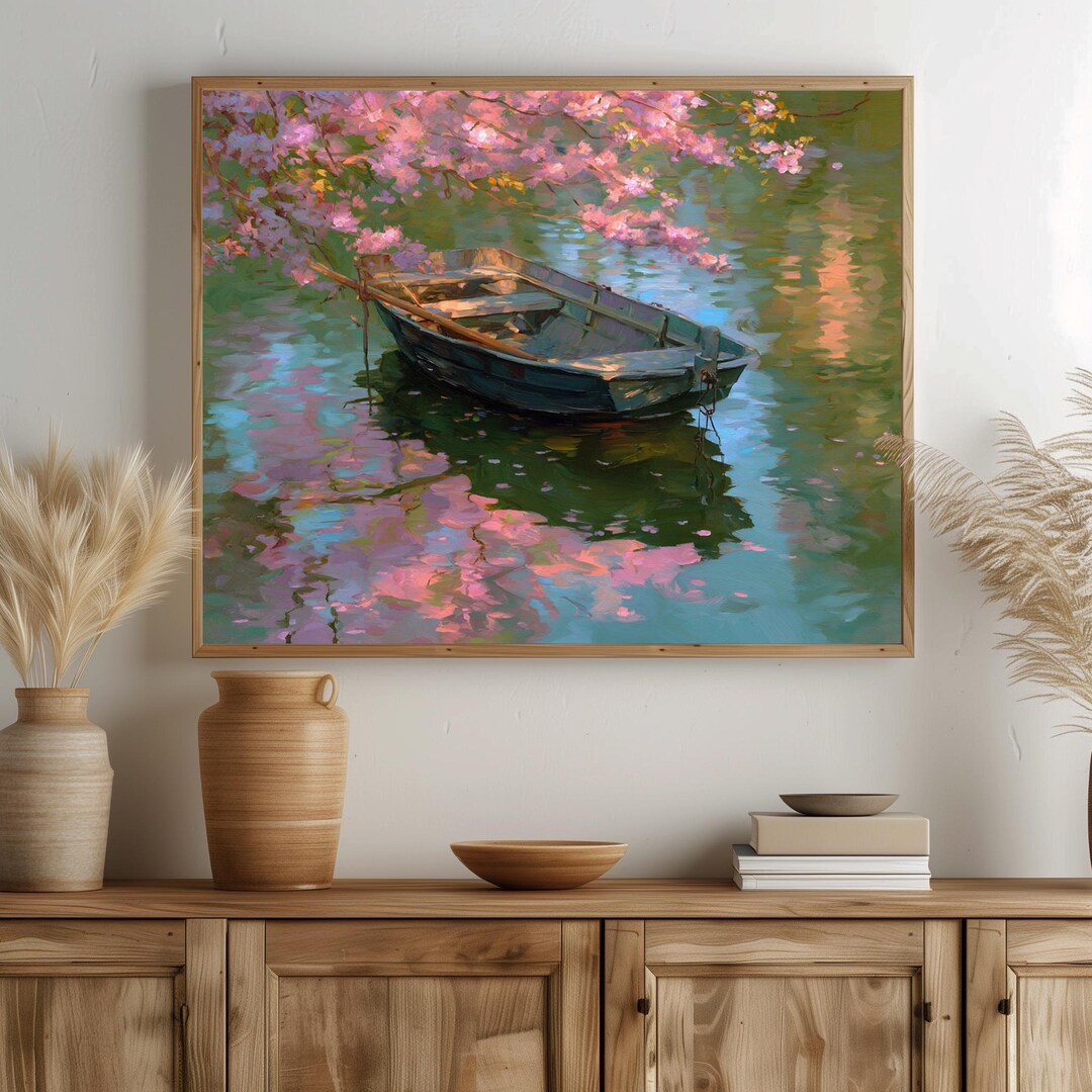 Vintage-style Rowboat Art Print – Impressionist Floral Water Scene ...