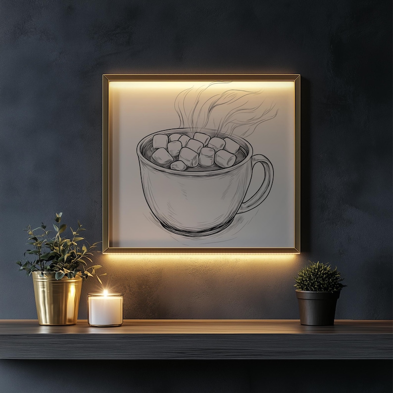 Printable Minimalist Winter Hot Cocoa Art - Cozy Line Doodle With ...