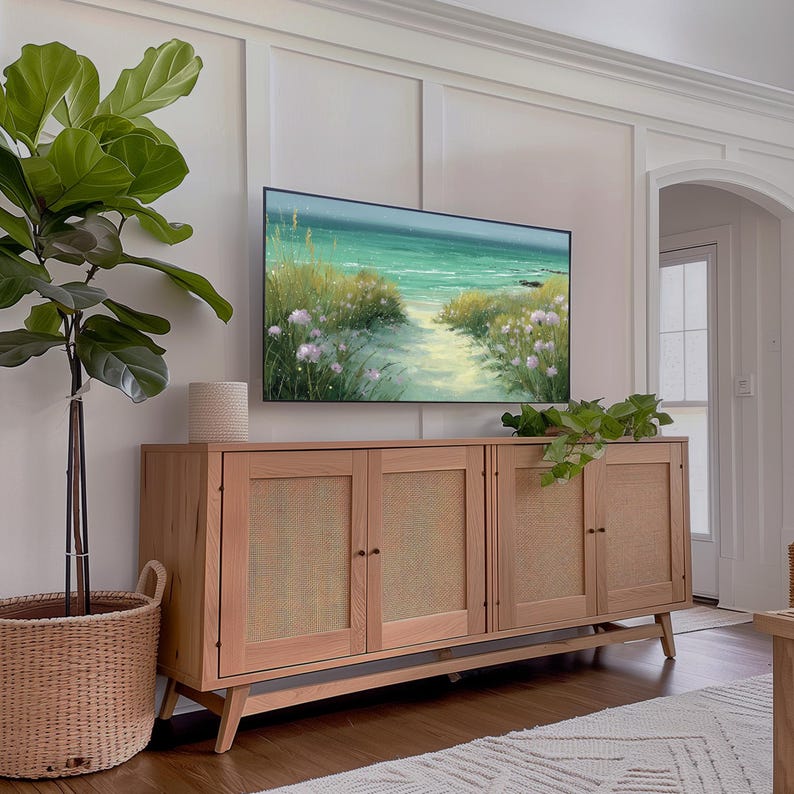 Coastal Beach Path Painting, Pastel Landscape Frame TV Art (digital ...