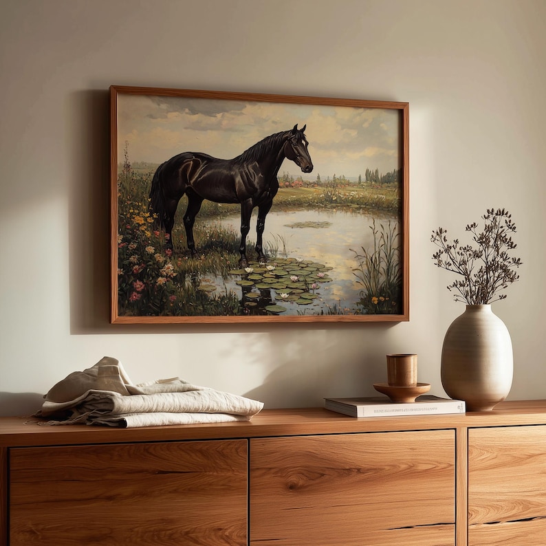 Rustic Dark Horse at Water's Edge - Classic Pastoral Landscape Art ...