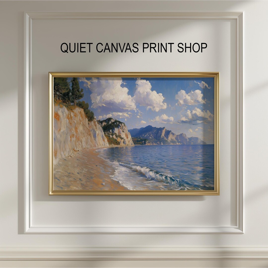 Coastal Seaside Cliff Painting - Tranquil Shoreline, Sunlit Cliffs ...