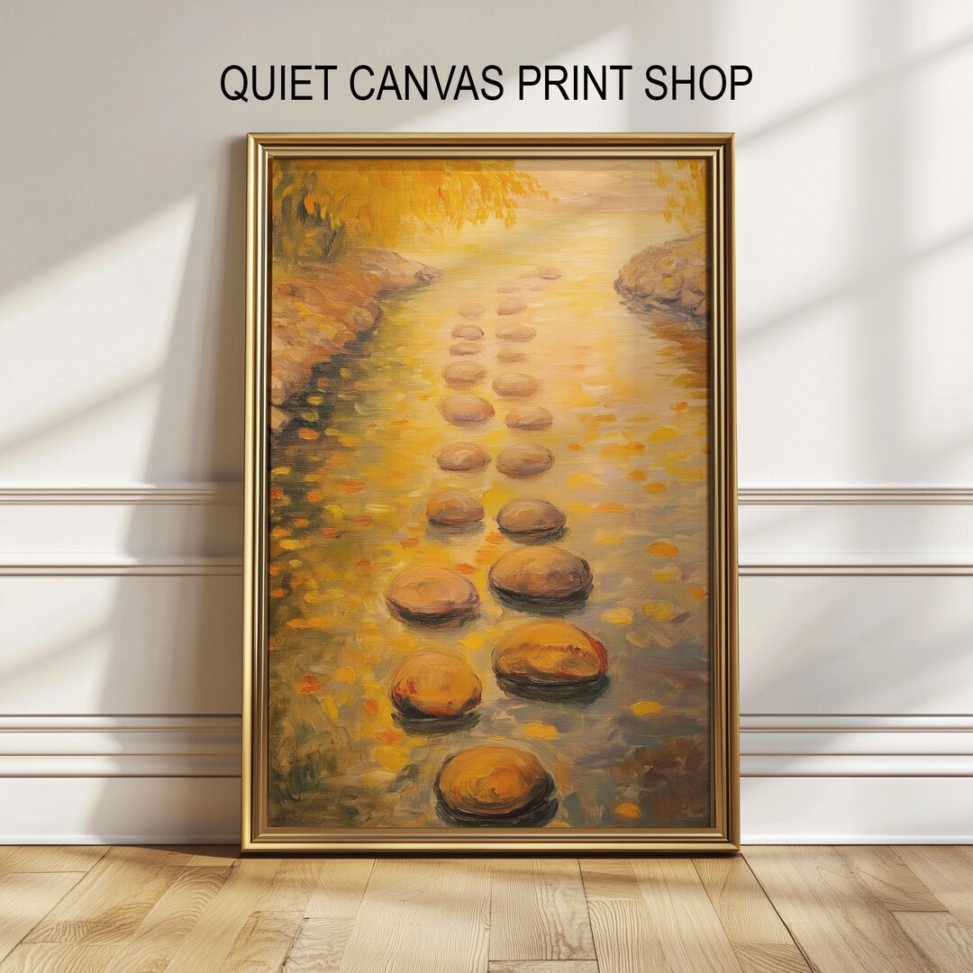 Autumn Stepping Stones and River Art - Impressionistic Fall Scene ...