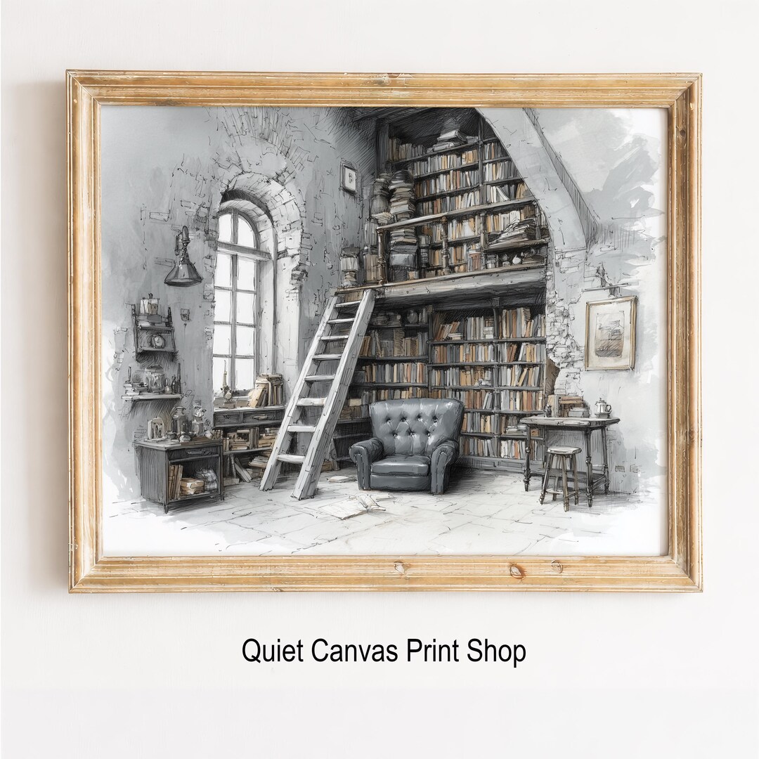 Cozy Library Reading Corner Printable – Moody Pencil Illustration ...
