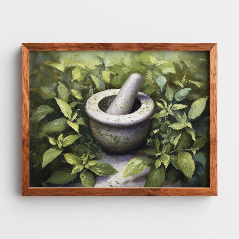 Rustic Cottagecore Mortar & Pestle Art - Realistic Spring Herbs, Cozy ...