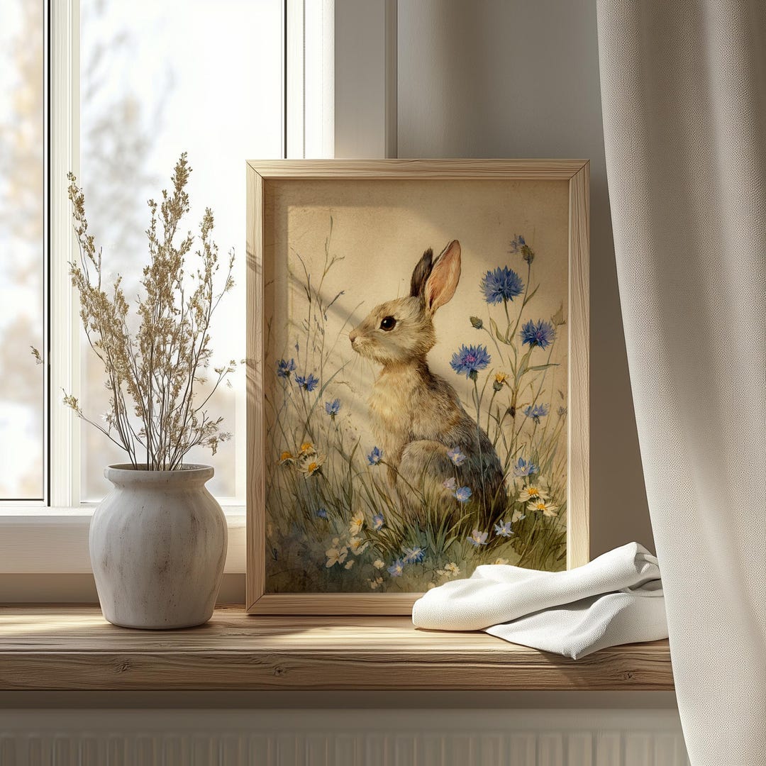 Cottagecore Rabbit Printable Wall Art - Vintage Watercolor Bunny in ...