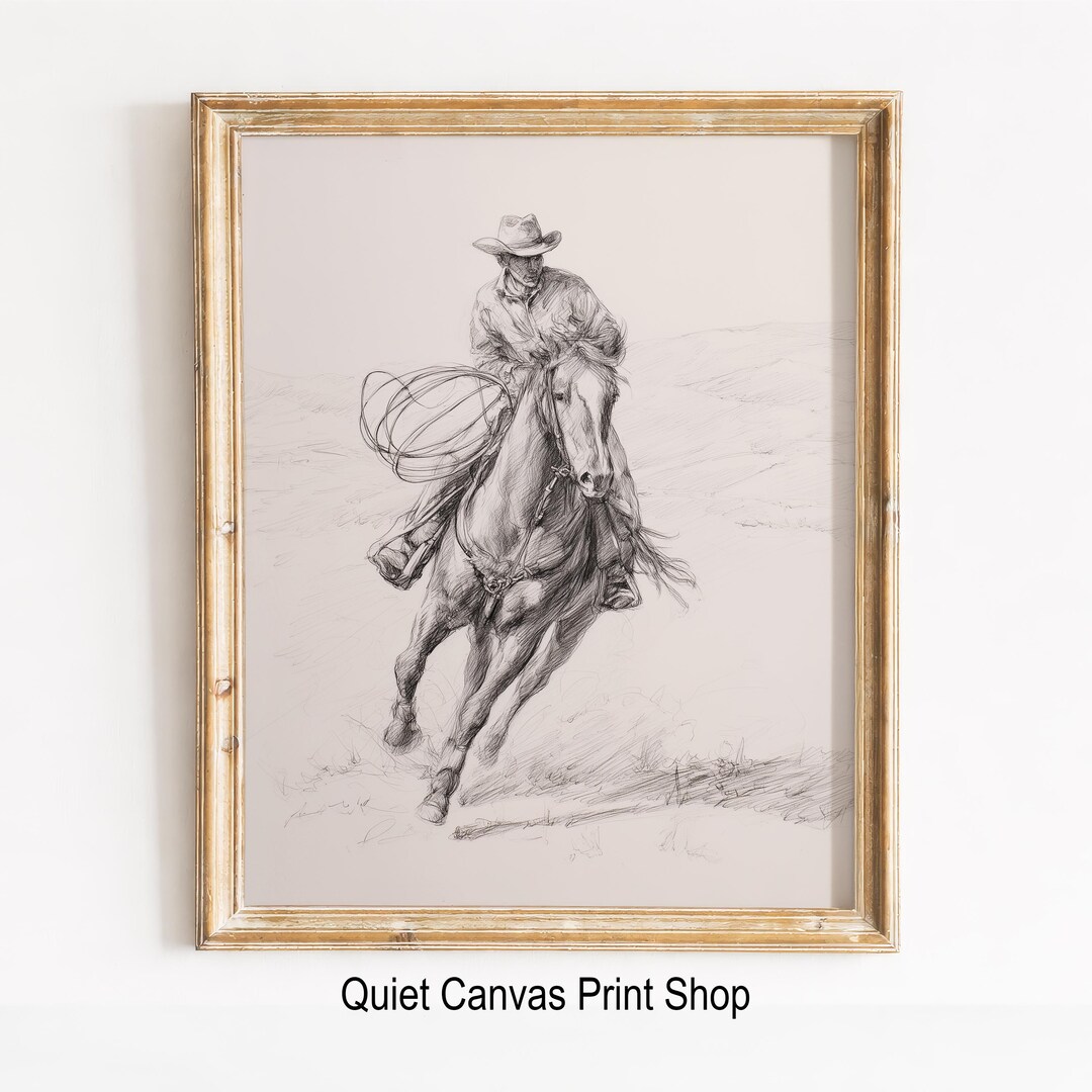 Vintage Cowboy Horse Printable – Dynamic Pencil Sketch Western Art ...
