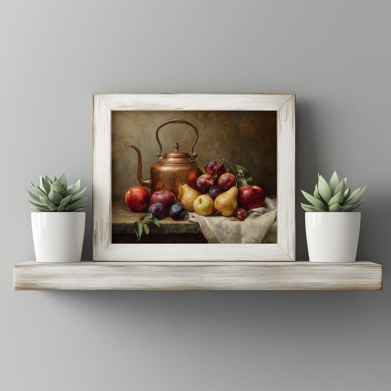 Rustic Brass Kettle Still Life Art Print – Farmhouse Kitchen (digital ...