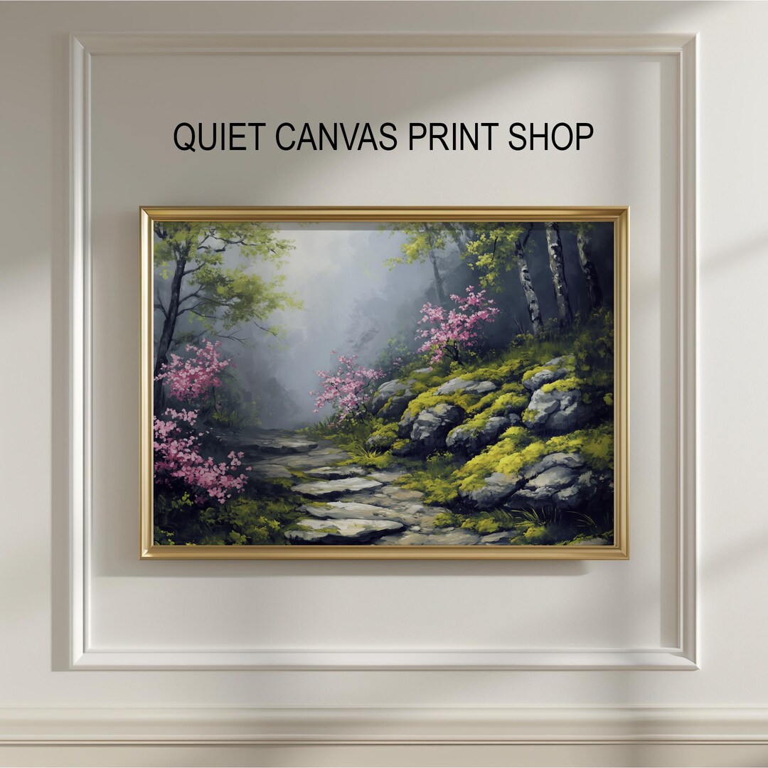 Spring Printable Mossy Gorge With Blossoms - Tranquil Pathway Art ...