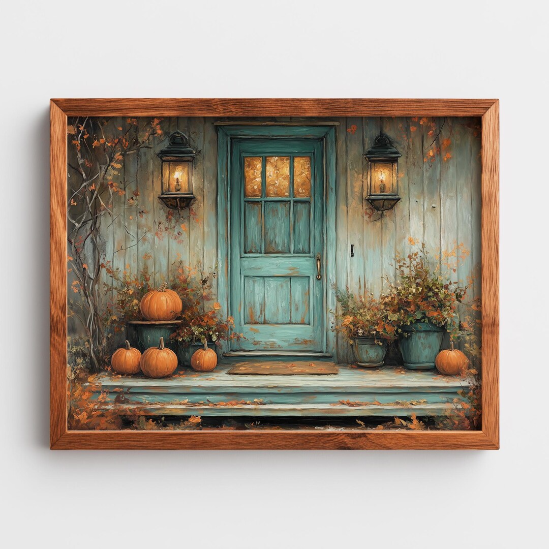 Rustic Fall Door Printable – Teal Blue Farmhouse, Pumpkin Decor ...