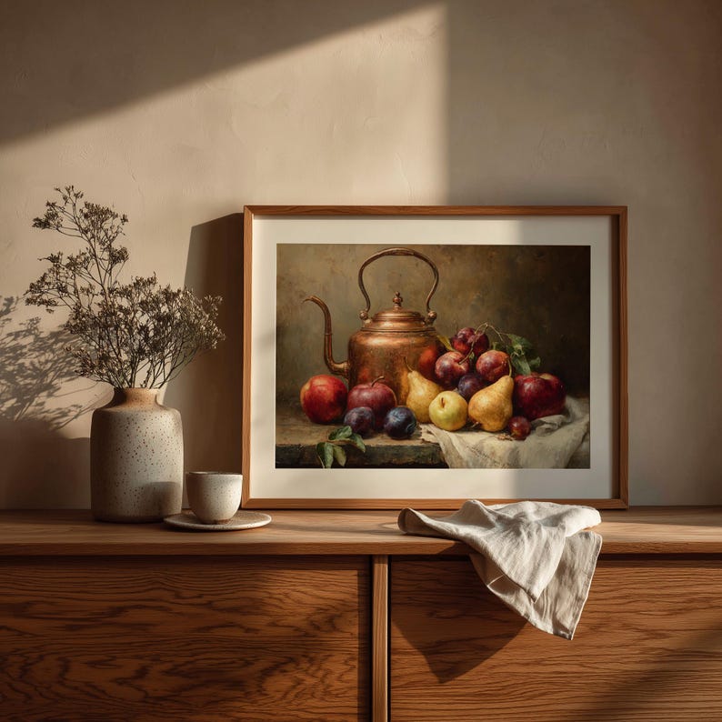 Rustic Brass Kettle Still Life Art Print – Farmhouse Kitchen (digital ...