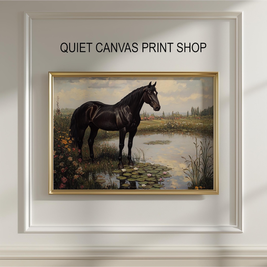Rustic Dark Horse at Water's Edge - Classic Pastoral Landscape Art ...