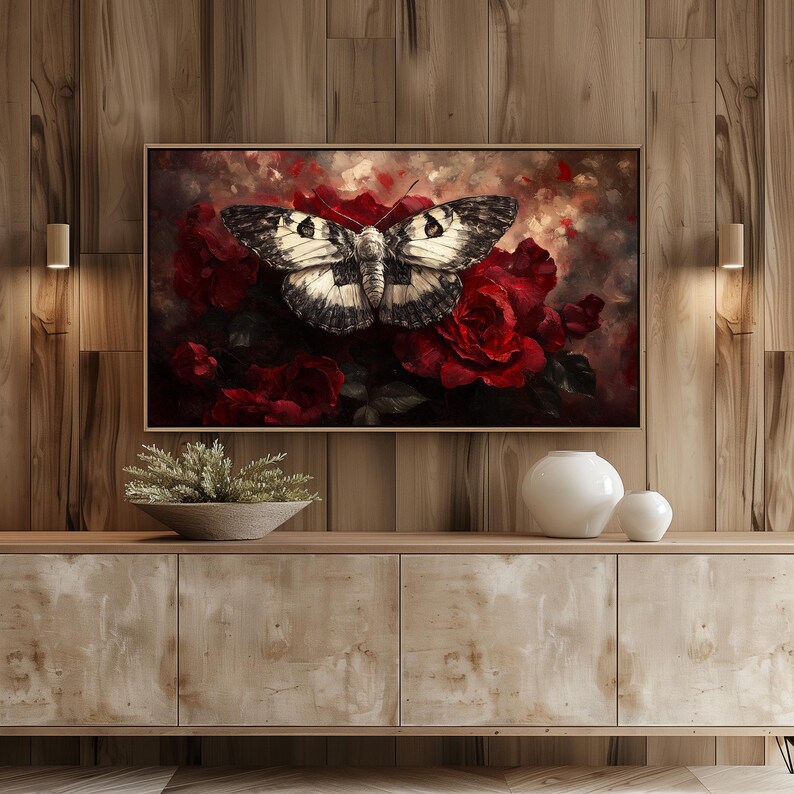 Gothic Floral Moth Frame TV Art, Dark Crimson Rose Painting, Romantic ...