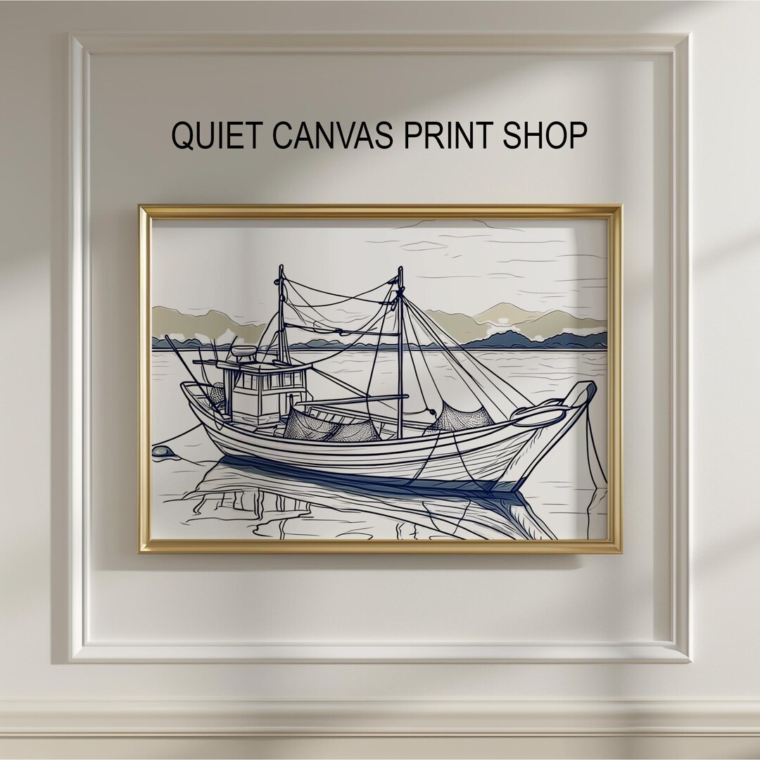 Printable Asian Fishing Boat Art - Minimalist Nautical Coastal Line Art ...