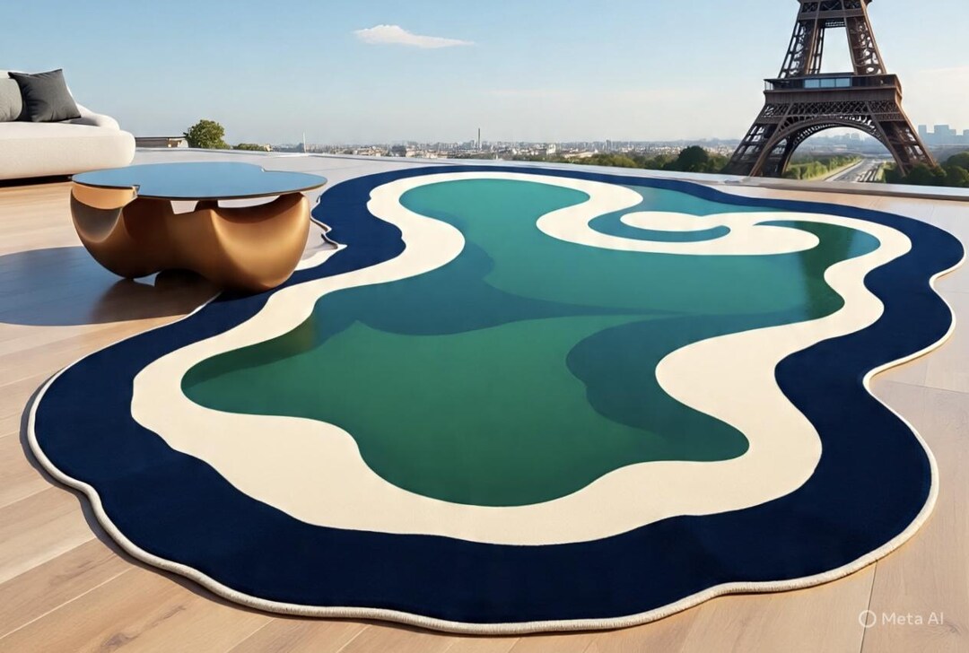 Handmade Abstract Lagoon Rug - Unique Organic Shape Teal & Navy Fluid ...