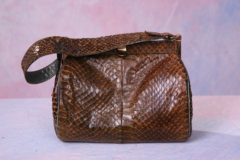 Vintage Bag 1950's Authentic Python Snakeskin Snap Close Green Purse ...