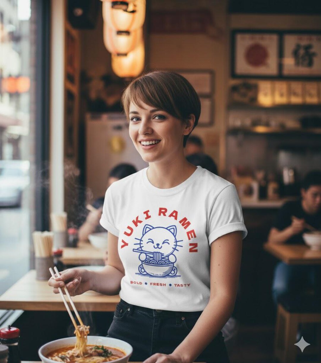 Yuki Ramen T-shirt, Kawaii Lucky Cat Eating Ramen Tee, Japanese Noodle ...