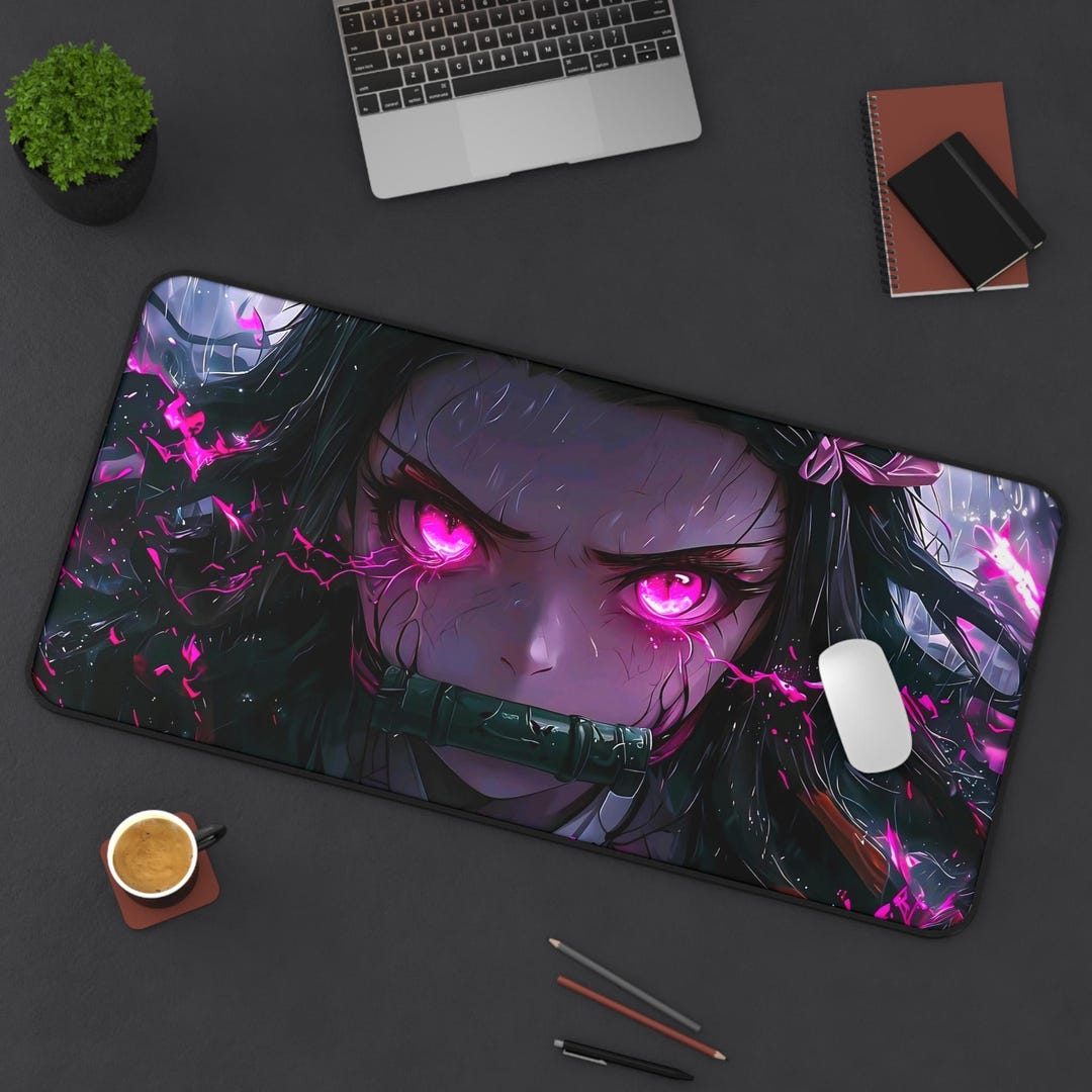 Demon Slayer Nezuko Portrait Desk Mat | Neon Pink Eyes Anime Aesthetic ...