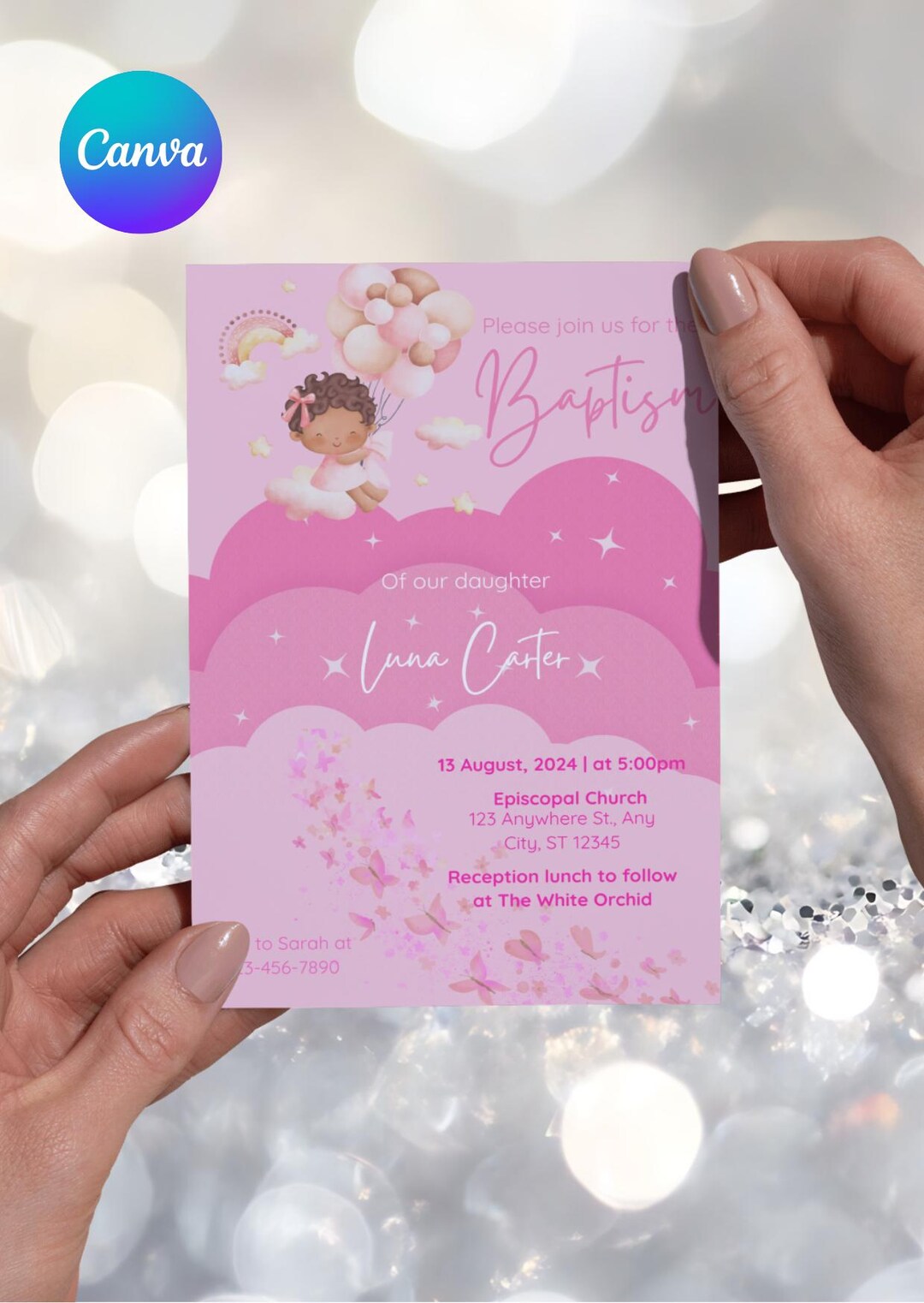 Pink Baptism Invitation for Girl | Editable Canva Template | Baby Girl ...