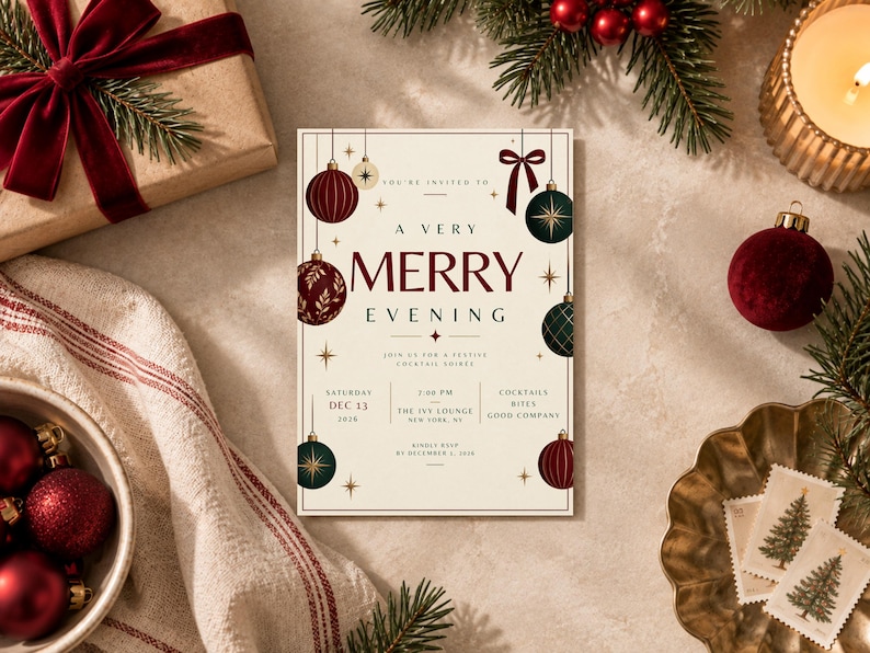 Christmas Cocktail Party Invitation Template, Holiday Party Invite ...