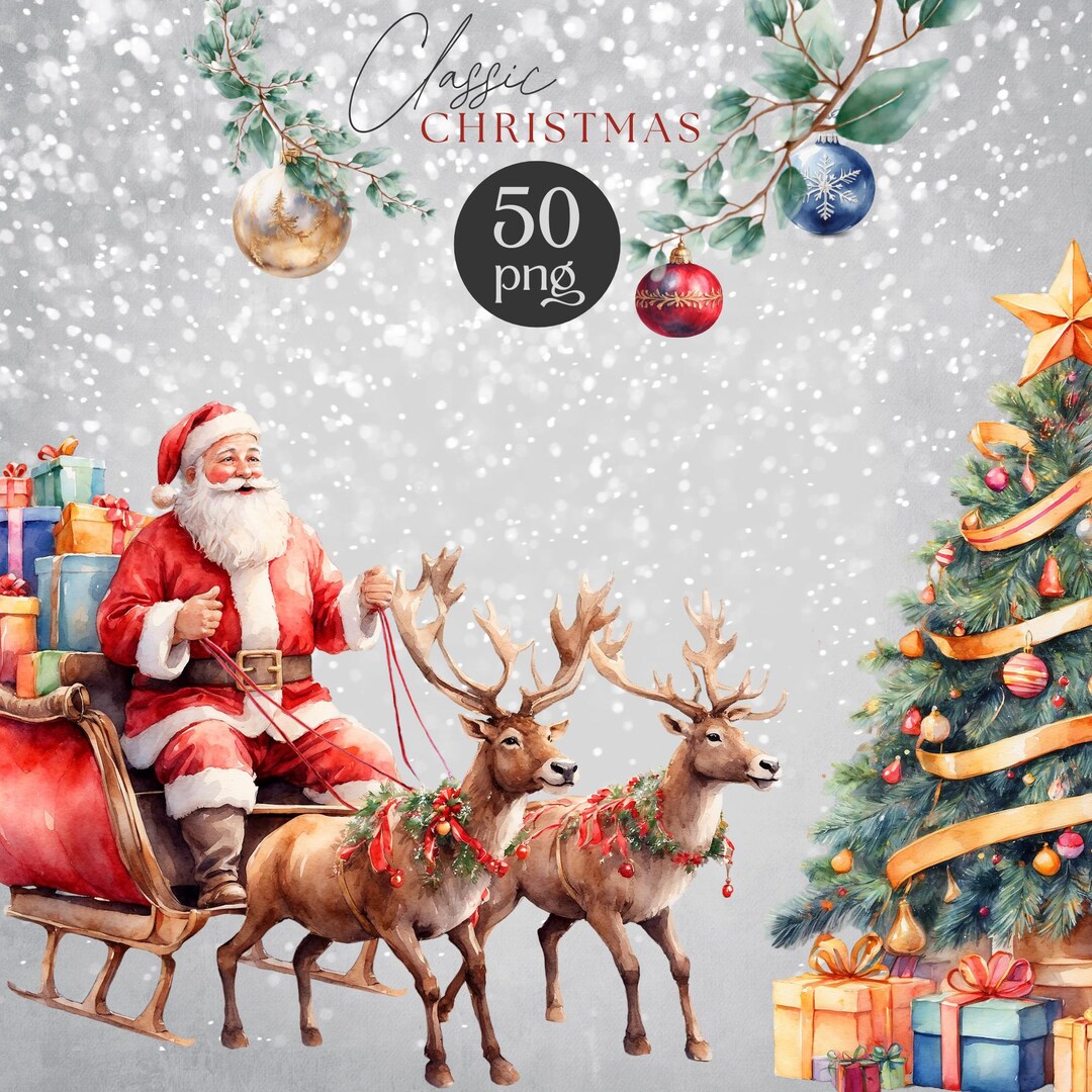 Watercolor Classic Christmas Clipart Bundle, Santa PNG, Reindeer, Elves ...