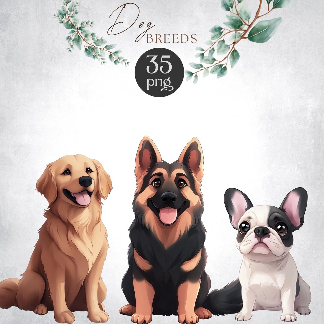 Watercolor Dog Breeds Clipart, Cute Puppy PNG Bundle, Pet Portraits ...