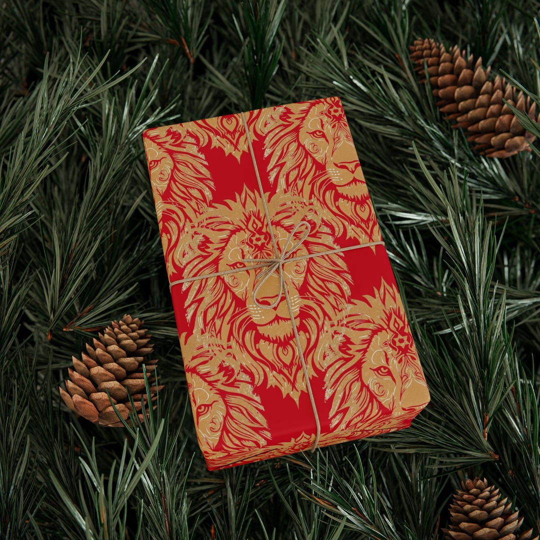 Golden Lion Wrapping Paper | Regal Red Pattern | Majestic Gift Wrap ...
