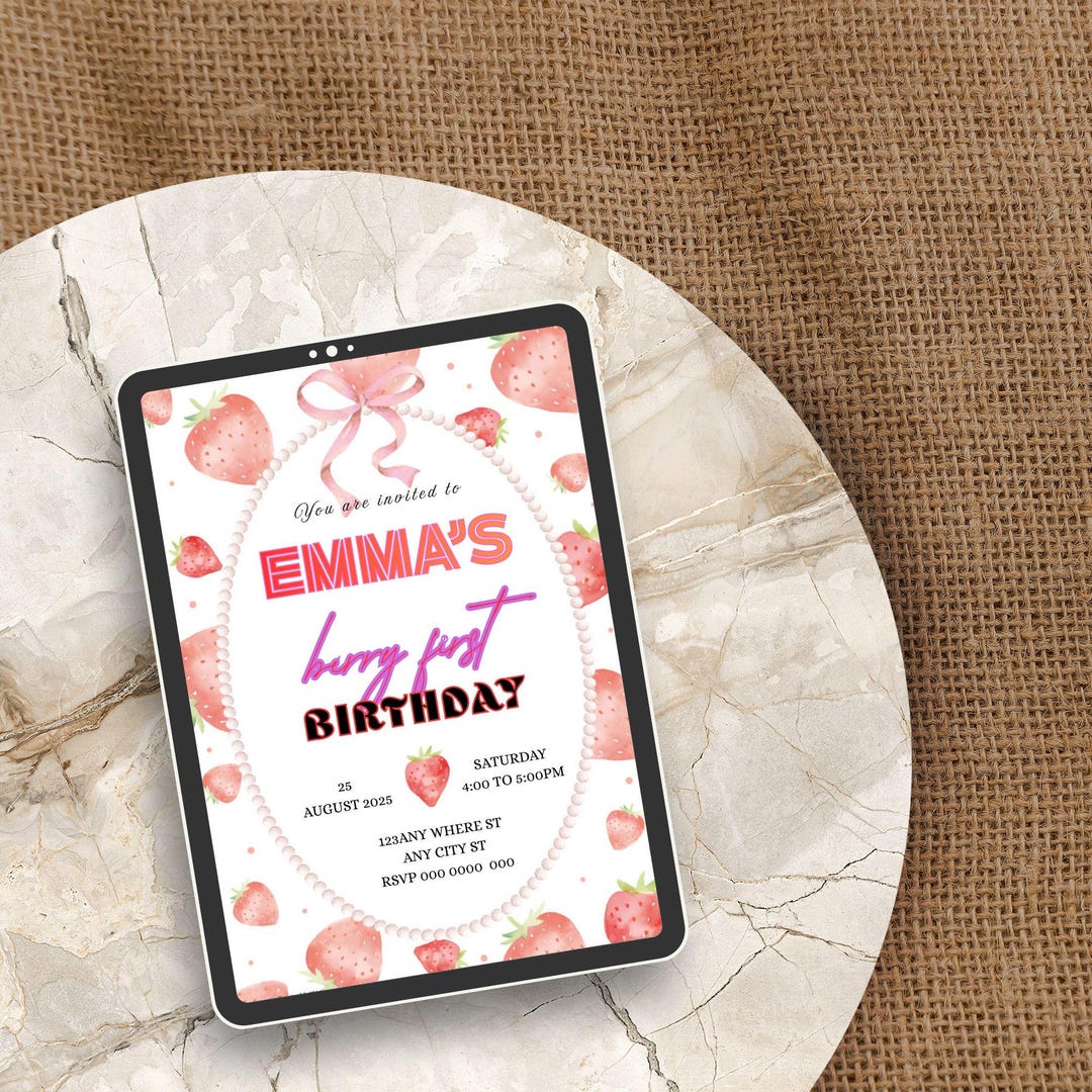 Berry-themed First Birthday Invitation Card | Editable Canva Template ...