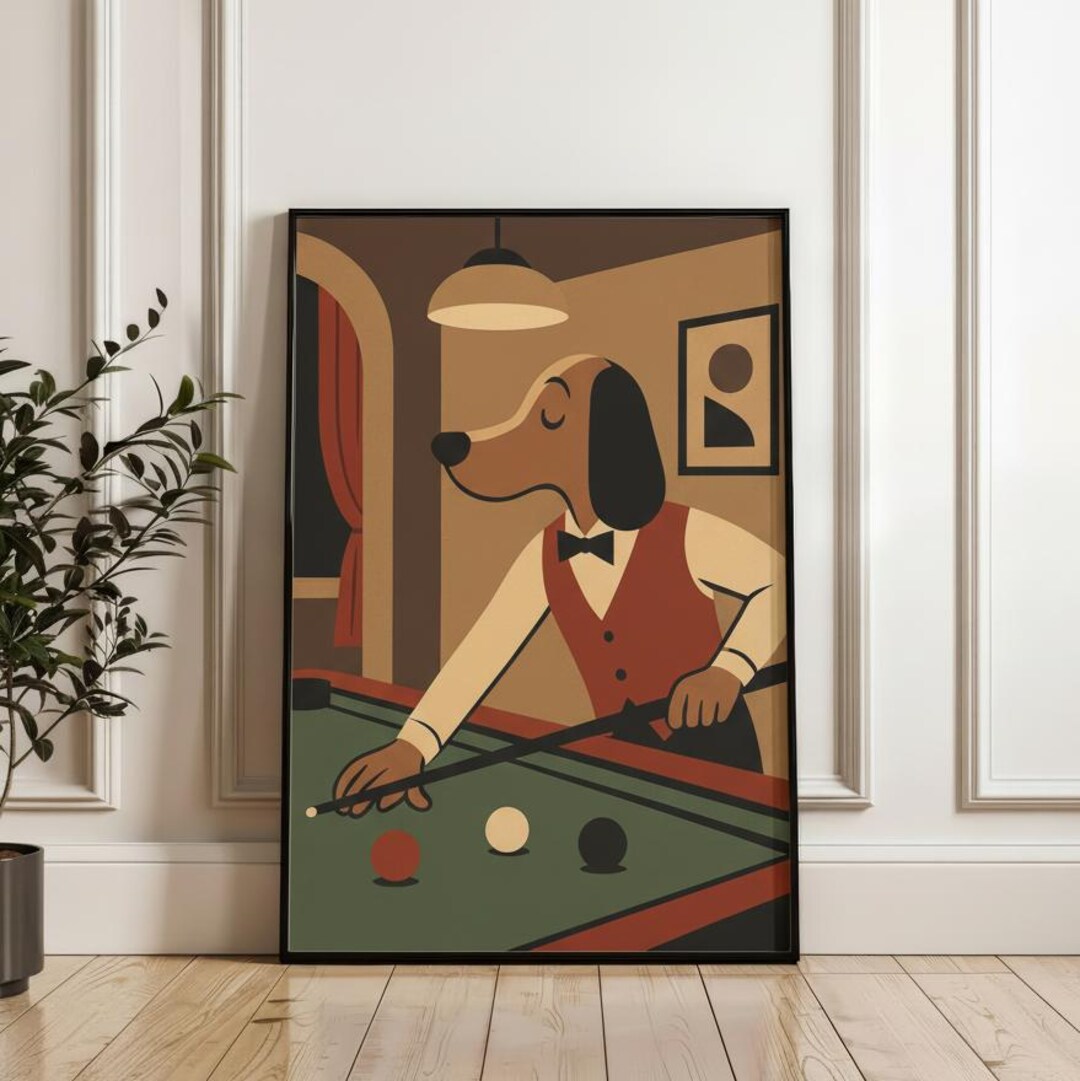 Retro Billiards Dog Poster | Mid-century Cartoon Art Print | Vintage ...