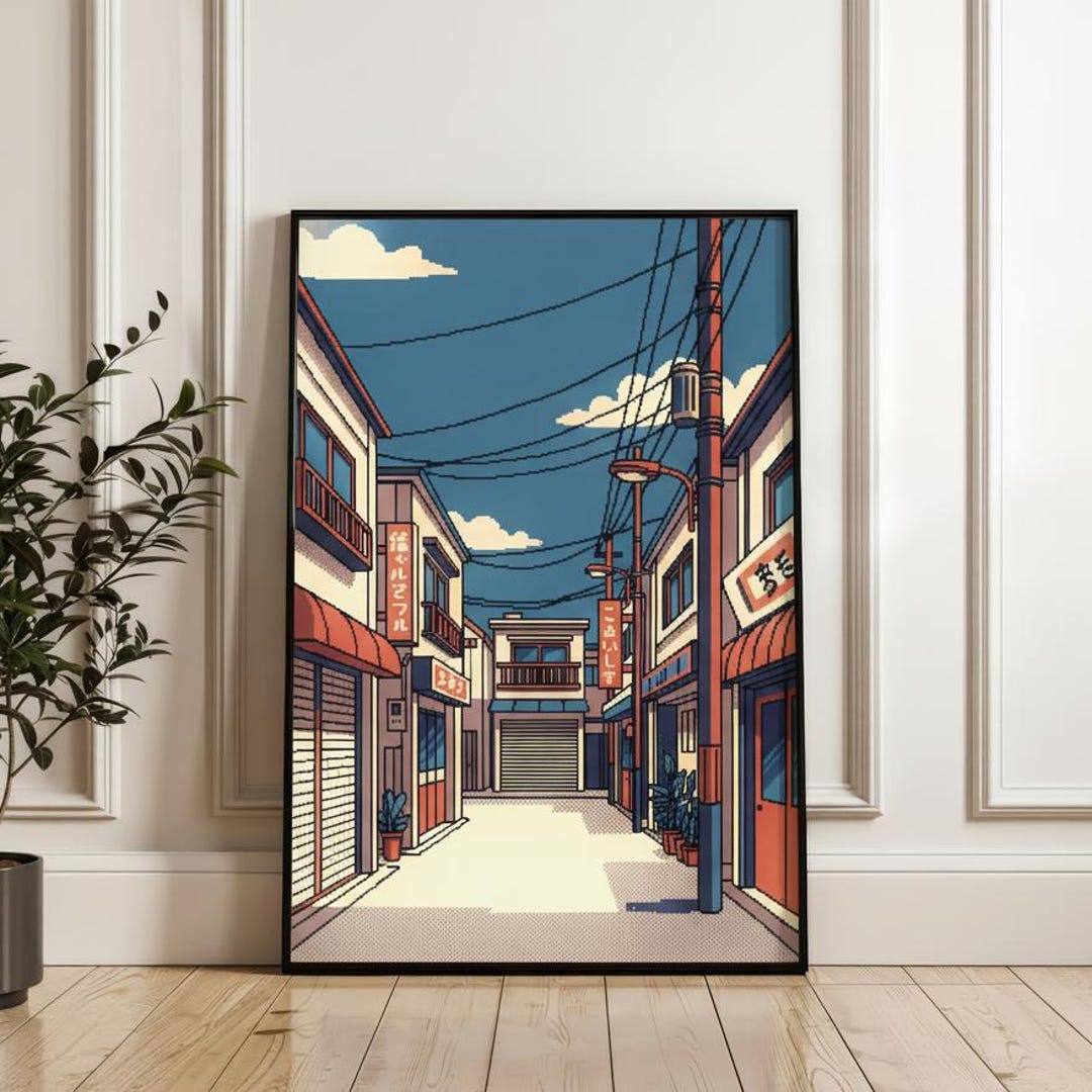 Affiche japonaise de rue de pixel art | Impression de ville d'anime ...