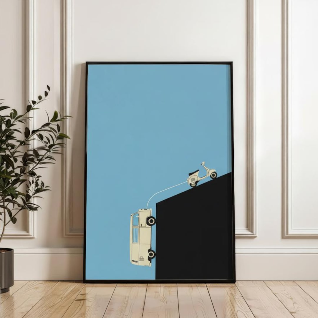 Retro Vespa & VW Poster, Surreal Vehicle Art Print, Minimalist Retro ...