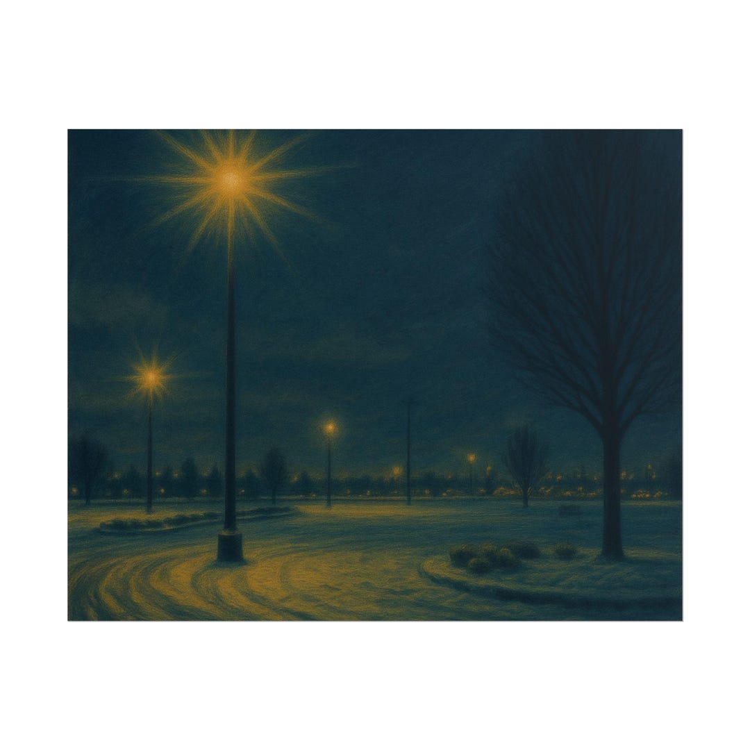 Snowy Street Nightscape Rolled Poster | Winter Lamp Light Art Print - Etsy