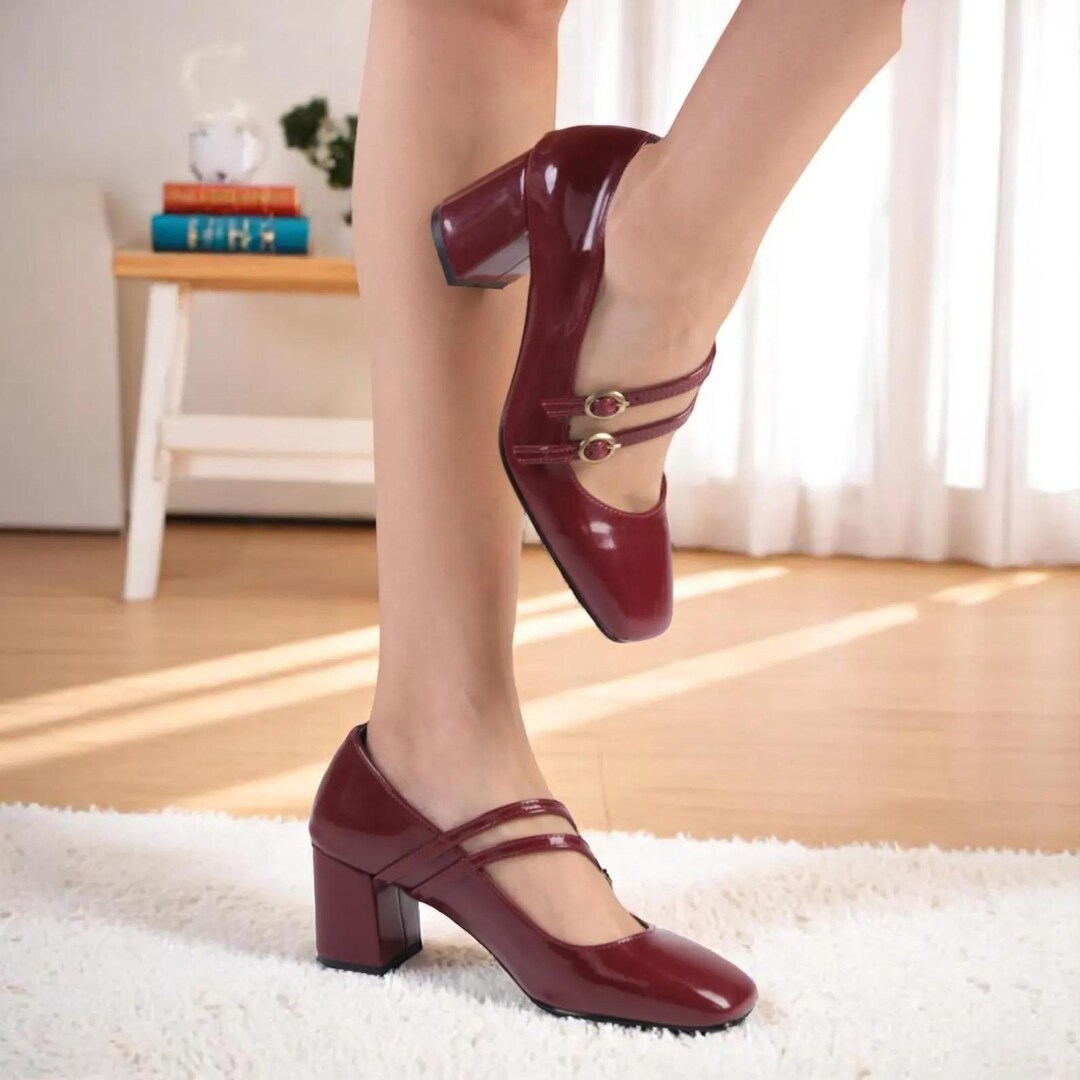 Shiny Burgundy Low Heels for Women, Patent Leather Block Heel Pumps ...