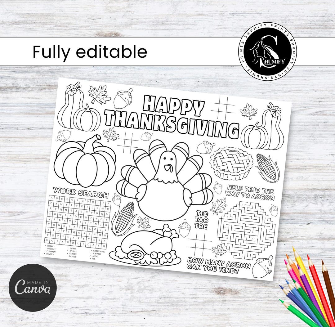 Thanksgiving Kids Activity Placemat | Coloring, Maze, Word Search ...