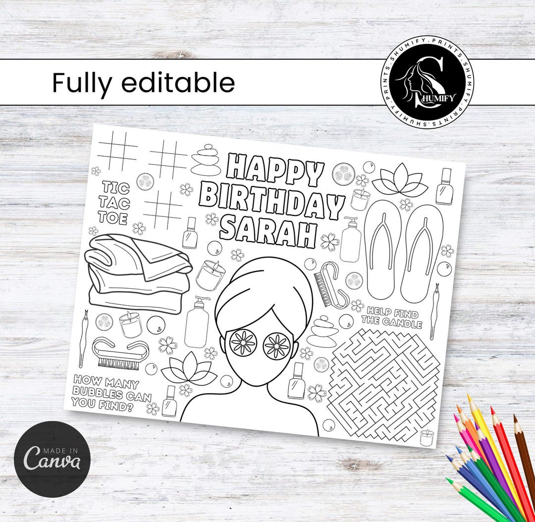 Spa Party Coloring Placemat – Kids Party Activity (digital Download) - Etsy
