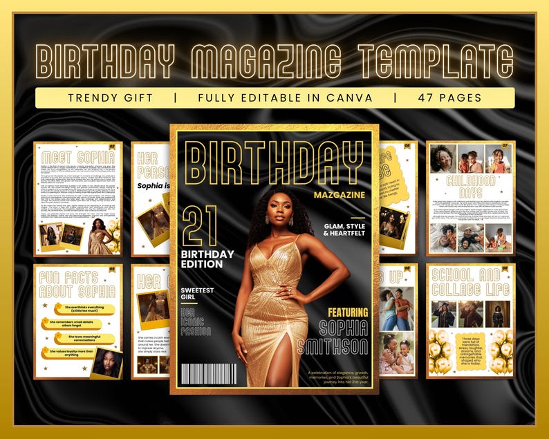 Black Gold Birthday Magazine Template | 47 Page Editable Canva (digital ...