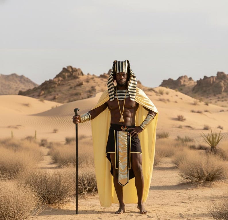 Egyptian Pharaoh Costume for Men | Deluxe Black & Gold Nemes Headdress ...
