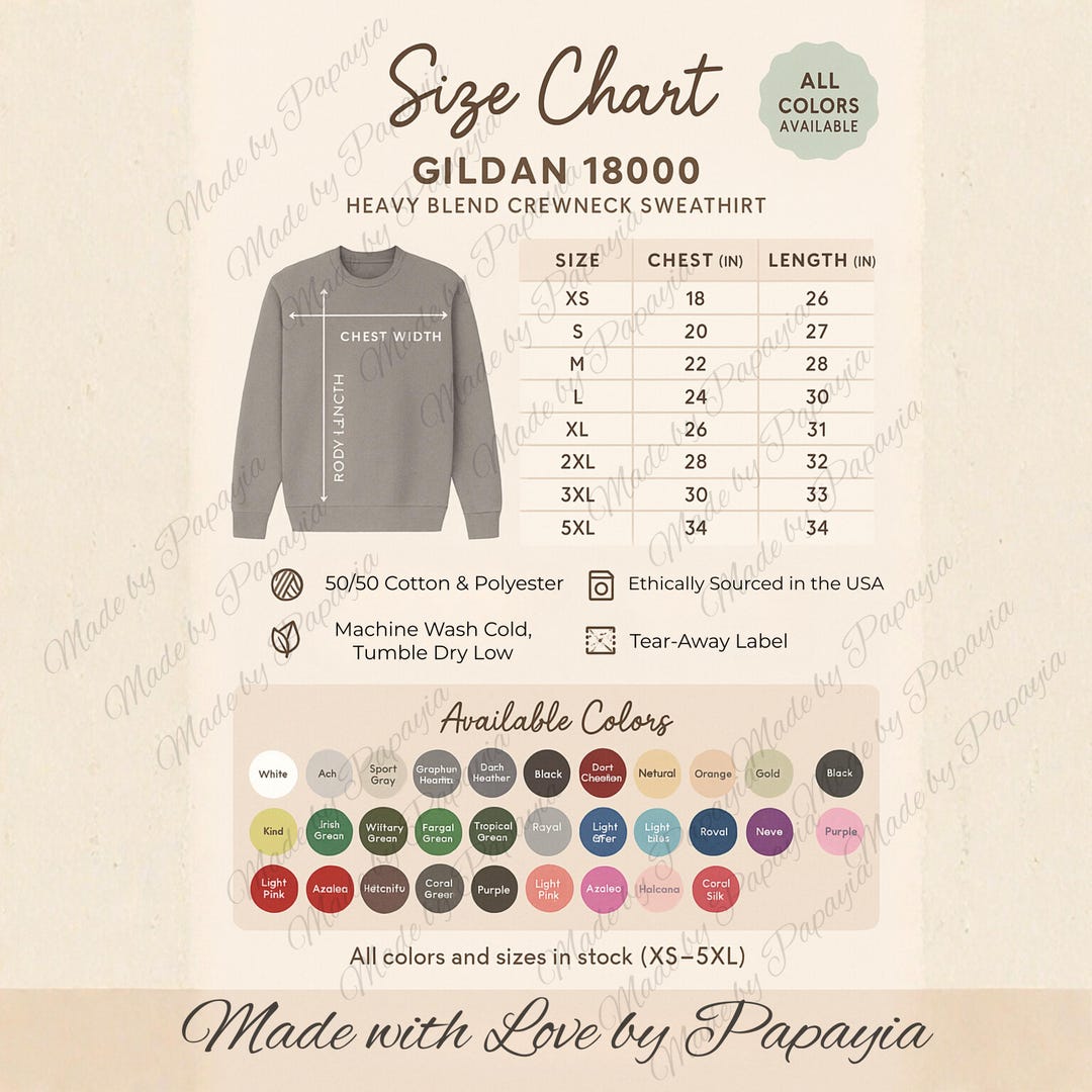 Editable Gildan 18000 Size & Color Chart Template | G180 Crewneck ...