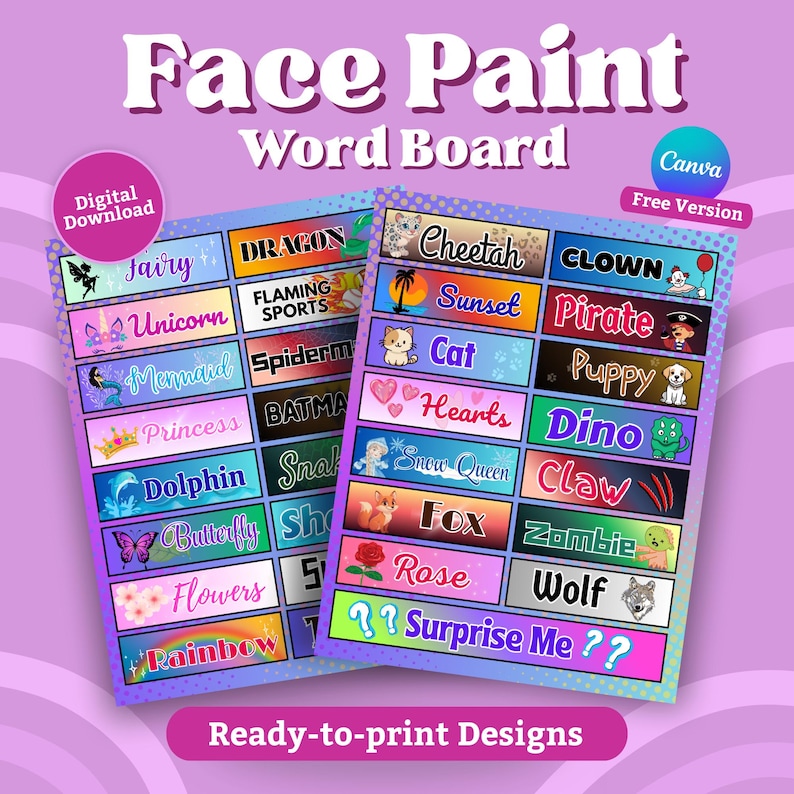 Face Paint Menu- Printable, Face Painting Sign (instant Download ...