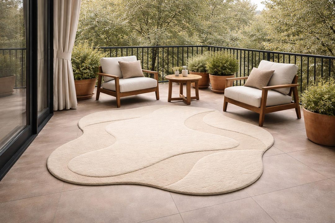 Luxury Hand Tufted Wool Rug – Organic Shape 3D Cream Area Rug, Modern ...