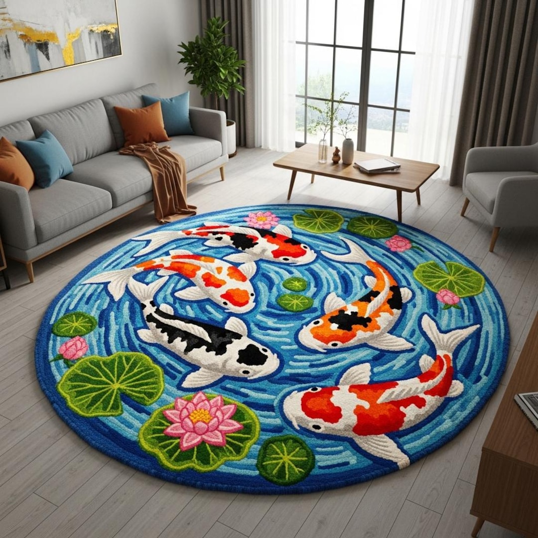 Koi Fish Round Wool Rug – Hand-tufted Lily Pond Carpet | Artistic Boho ...
