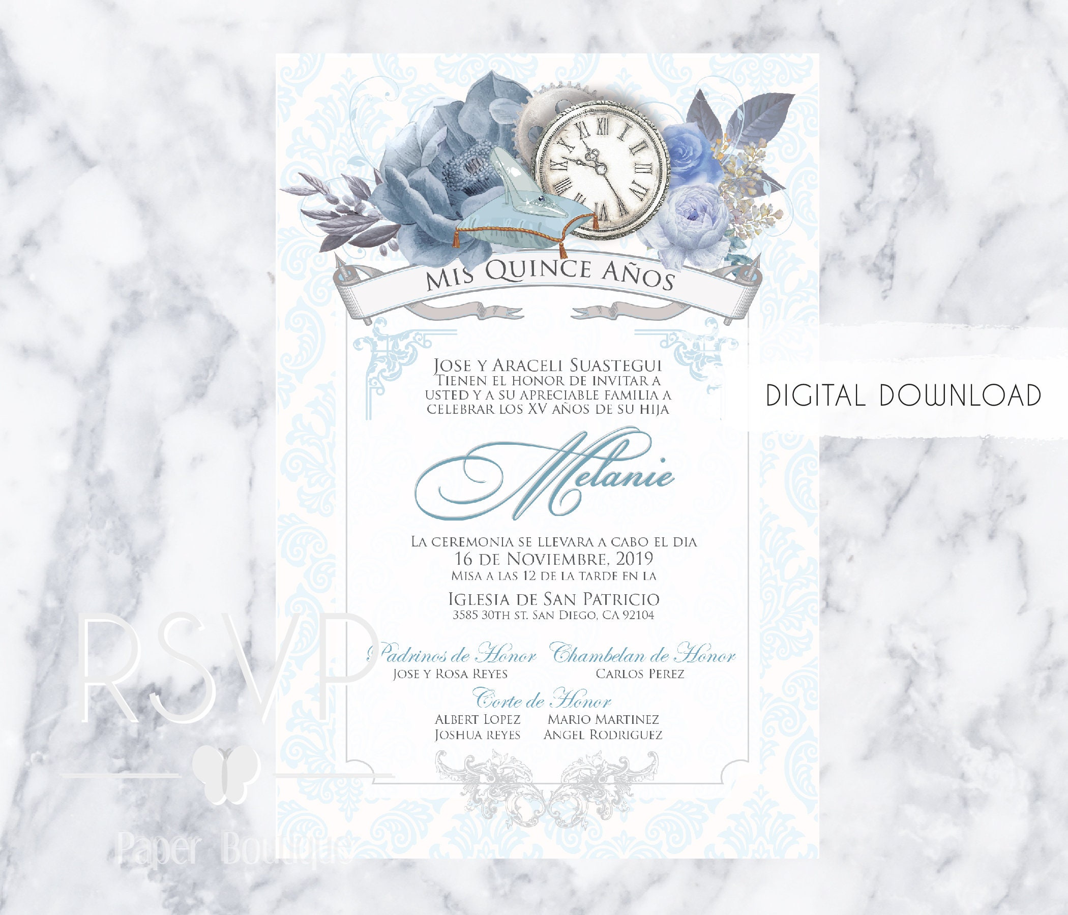 Quinceanera Invitation Cinderella Clock Invitation Quinceanera Sweet ...