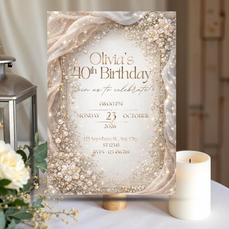 Luxury Gold Birthday Invitation Template, Elegant Pearl Floral Birthday ...