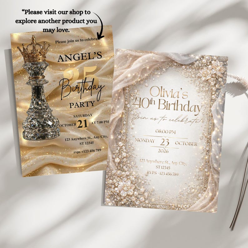 Luxury Gold Birthday Invitation Template, Elegant Pearl Floral Birthday ...