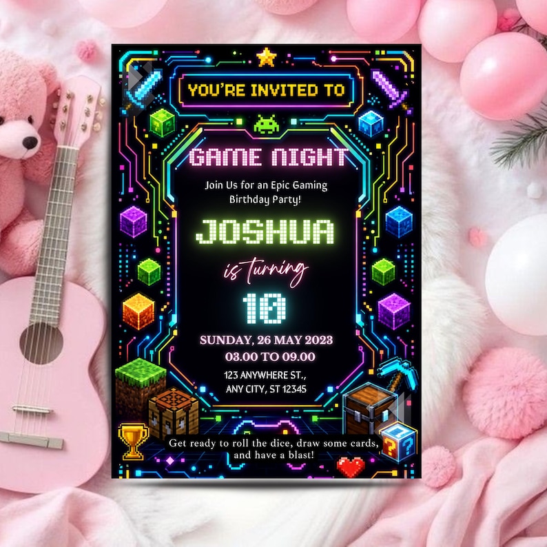 Gamer Birthday Invitation, Editable Video Game Party Invite, Neon ...