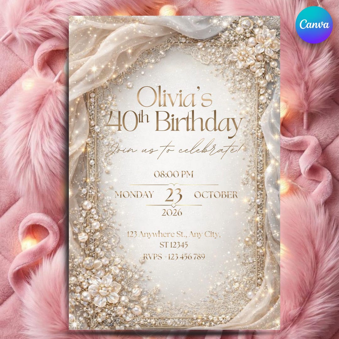 Luxury Gold Birthday Invitation Template, Elegant Pearl Floral Birthday ...